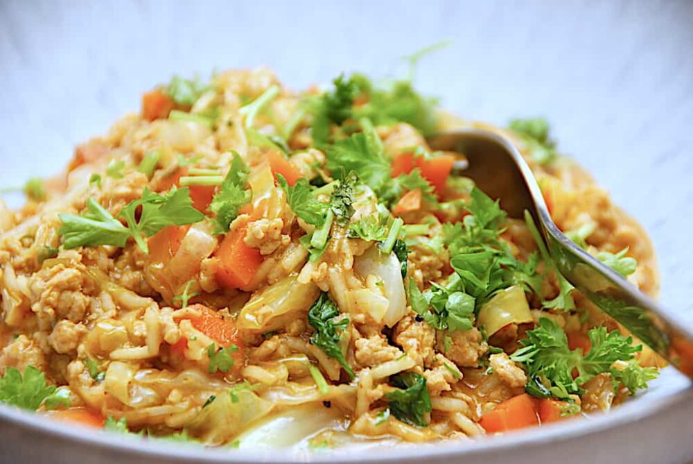 Hakket kylling med spidskål og ris